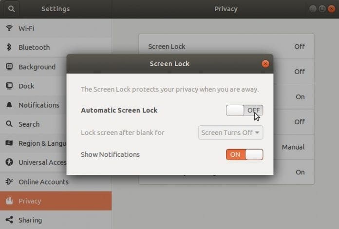 How to disable screen locking in Ubuntu 18.04 LTS