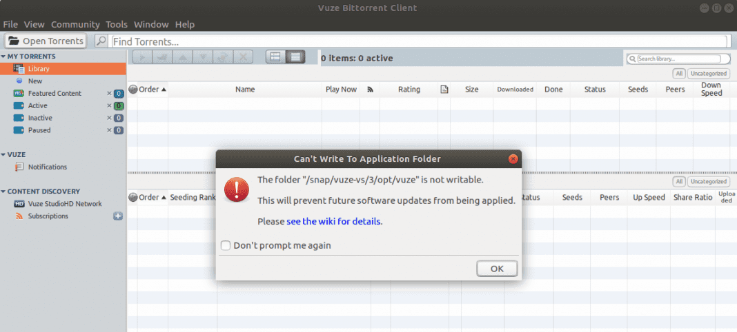 Fix "Can't write to Application Folder" error in Vuze BitTorrent Client